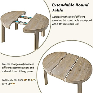 LCH 5 Piece Round 4 Wood Extendable Kitchen Set with Storage Drawers Farmhouse Dining Room Table and Chairs, 16" Removable Leaf, Natural