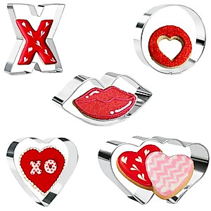 Crethinkaty Valentine's Day Cookie Cutters Shapes-Lips,Double Heart,Heart,Letter X,Letter O-5 Pcs Valentines Biscuit Cutter Set for Wedding Valentine Day