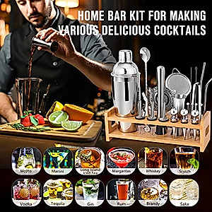 FREOIHETI 30 Piece Cocktail Shaker Set, Cocktail Bartender Kit Bar Drink Tool Set with Stylish Bamboo Stand Cocktail Recipes Booklet - Silver