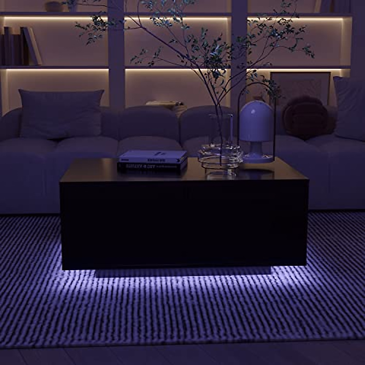 LED Coffee Table with Storage Drawers, High Glossy Coffee Table with LED Lights for Living Room, Modern Living Room Center Table Rectangular, Black (Style1, Black)