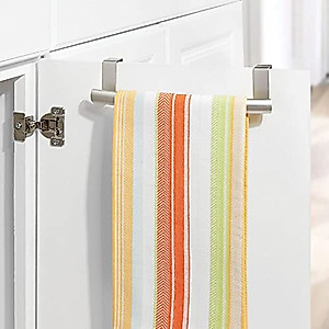 mDesign Steel Over Door Curved Towel Bar Storage, Hanger for Cabinet or Cupboard, Holder Rack for Kitchen, Bathroom - Holds Hand/Dish Towels, Washcloths - Spira Collection - Satin