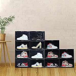 OMOPIN XL Shoe Storage Box,Drop Side Shoe Box,8 Pack Shoe Containers,Sneaker Display Case,Shoe Boxes Clear Plastic Stackable size13.4”x 10.6”x 8.3” Fit up to US 13 (Black 8 Pack)