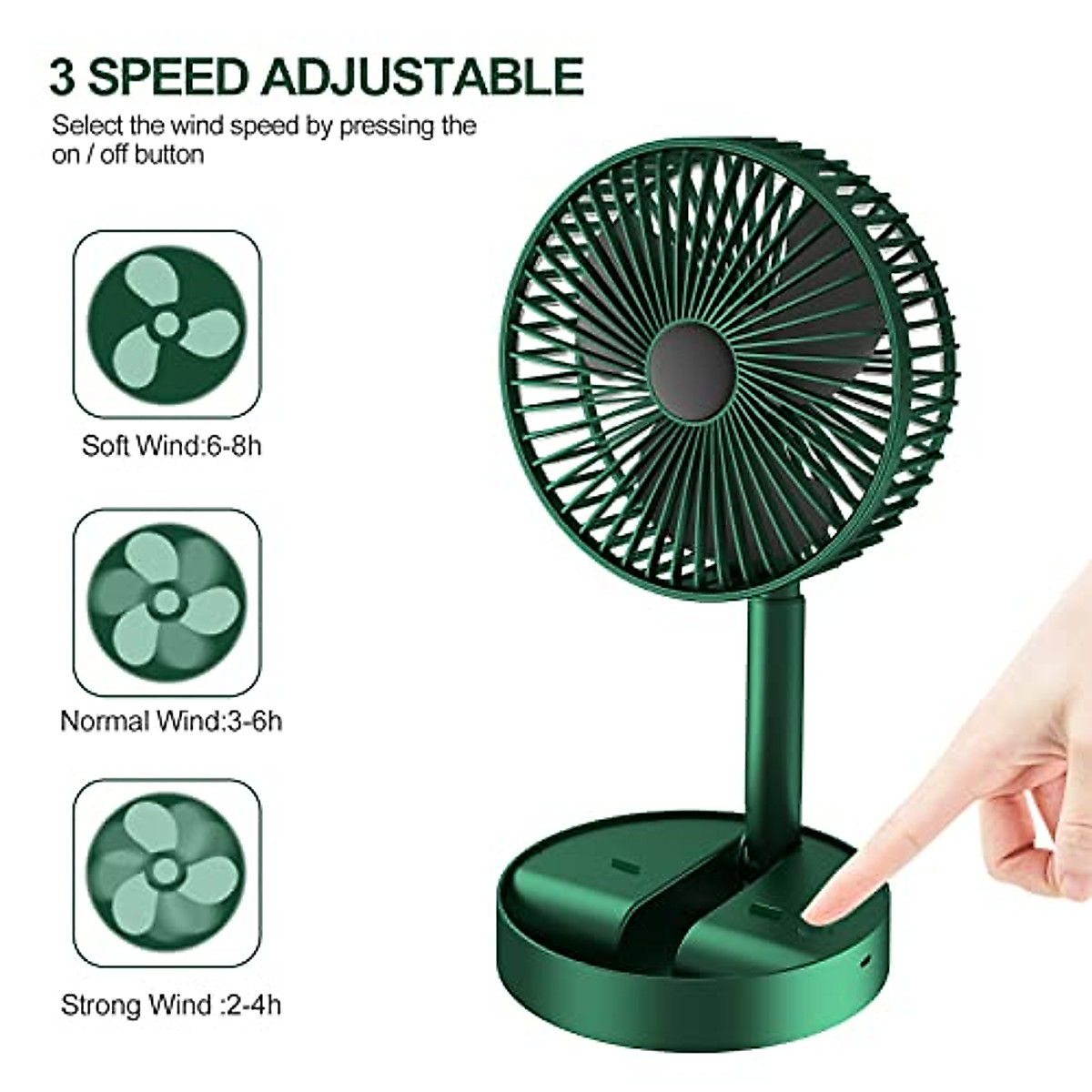 Maelifu Folding Fan Quiet 3- Speed Wind Highly Stretchable Simulated Natural Wind 180 ° Adjustment Battery Powered or USB Powered Home Desk Bedroom Portable Travel Mini Decorative Fan（Green