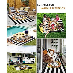 Outdoor Area Rug for Patio,Fall Thanksgiving Sunflower Pumpkin Camping Rugs Indoor Large Floor Mat 4x6ft,Leaf Berry Black White Stripe Outside Carpet for Deck RV Picnic Porch Backyard Bedroom
