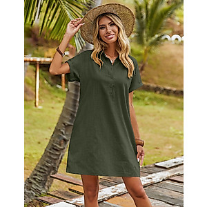 Zeagoo Womens Cotton Shirt Dress Button Down Dress Solid Color Casual Mini Dress with Pocket Green S