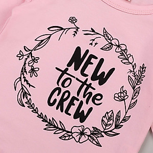 ZOELNIC Newborn Baby Girl Outfits New To The Crew Letter Print Romper+Floral Pants+Hat+Headband+Gloves 5PCS Clothes Set (Light Pink,Newborn)