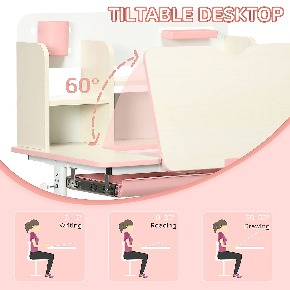 Qaba Wooden Kids Study Desk, Height Adjustable Children School Study Table, Student Writing Desk with Tilt Desktop, Drawer, Storage Shelf, Pen Holder, Pink