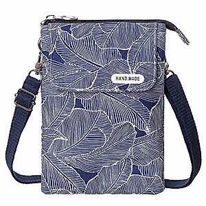 WITERY Small Canvas Cell Phone Purse Wallet- Handmade Cute Leaf Pattern Cross Body Phone Pouch with Shoulder Strap for Women Teen Girls