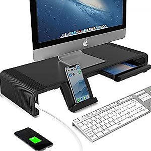 Monitor Riser Stand and Desk Storage Organizer, 2 USB 3.0 & Type-C Ports Computer Stand Support Transfer Data, Charging with Storage Drawer, Phone Holder for Laptop/Computer/MacBook/PC (Black)