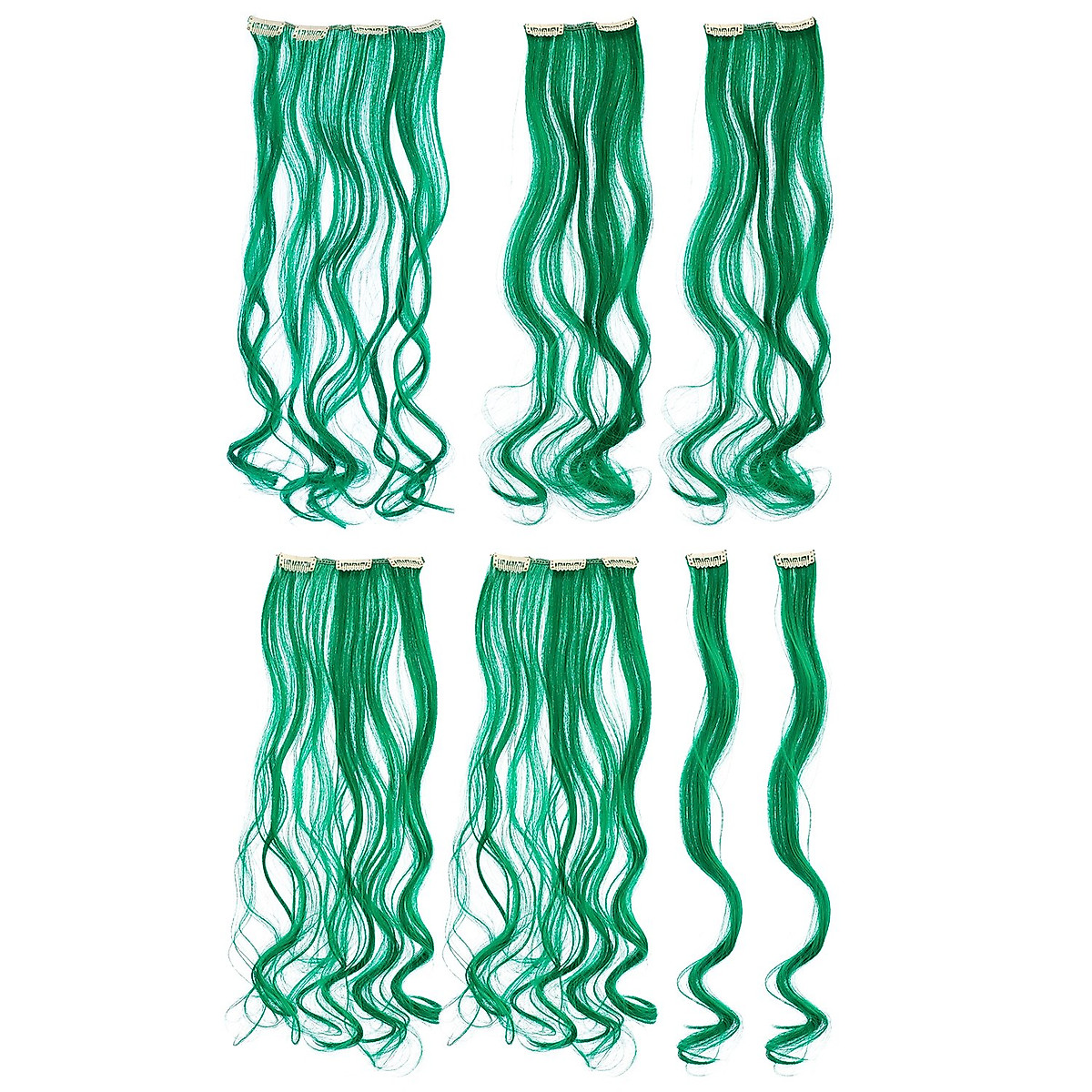 SWACC 7 Pcs Full Head Party Highlights Clip on in Hair Extensions Colored Hair Streak Synthetic Hairpieces (20-Inch Curly, Green)