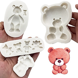 3D Bear Silicone Fondant Molds, Bear Candy Chocolate Molds for DIY Cake Fondant Cookie Cupcake Cake Topper Decoration Desserts Handmade Crystal Sugar Crafts for Baby Shower Party Set of 4