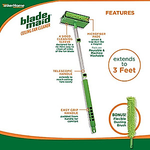Blade Maid Ceiling Fan Cleaner- Cleaning Tool with 3 Foot Extendable Pole, Cleaning Head, Reusable Fiber Duster, & Flexible Brush