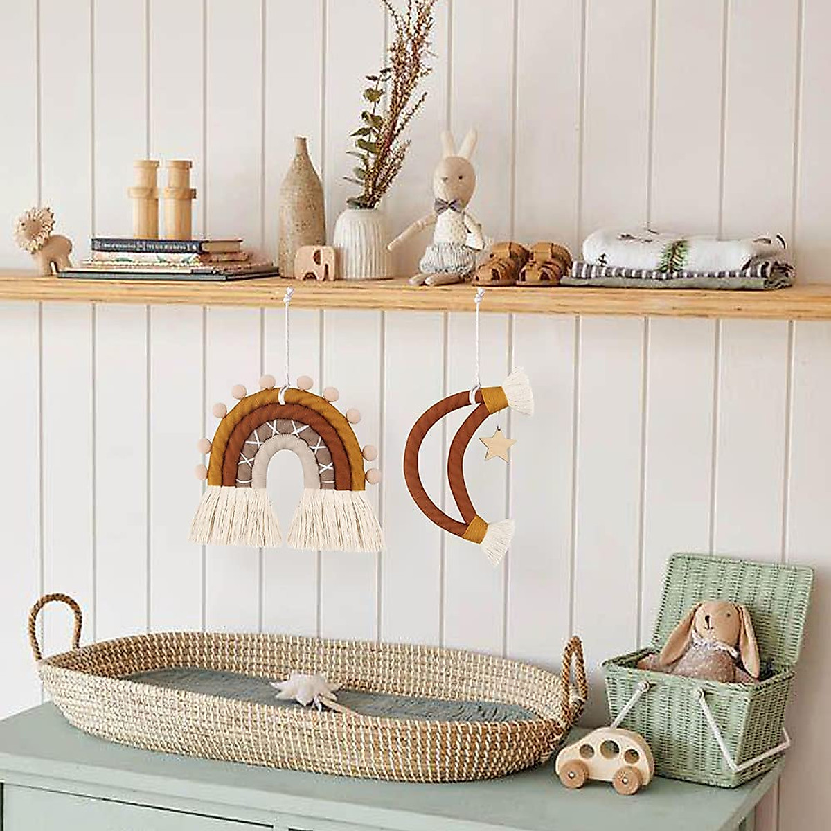 ZWADOU Rainbow Moon Wall Hanging,Rainbow Moon Wall Art,Handmade Macrame Rainbow Wall Decor for Nursery Kids Room Home Decor, Yellow+brown, rainbow:8*7in,luna:9.5*5.5in