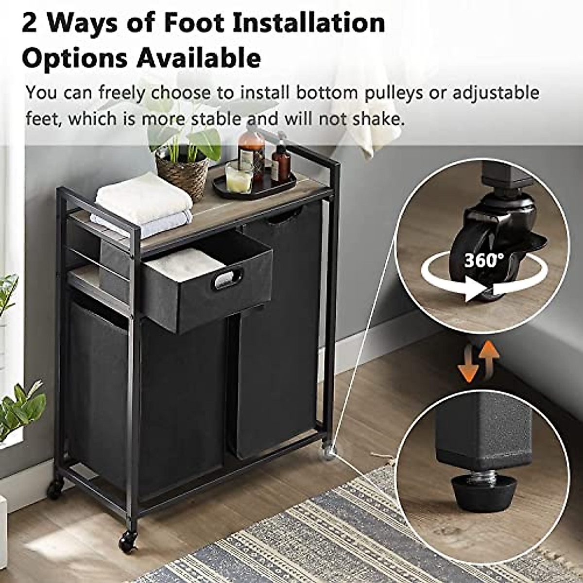 CUANBOZAM Laundry Hamper Cart, 130L Laundry Basket Laundry Sorter 2 Section, Removable Laundry Bags, Pull-Out Laundry Sorter, Metal Frame, Clothes Hamper for Bathroom, Dorm, Laundry Room