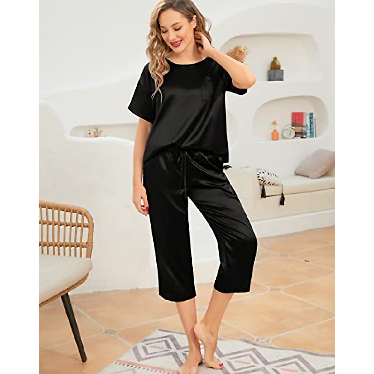 SWOMOG Womens 2 Piece Satin Pajamas Silk Short Sleeve Pjs Sets Capri Bottom Pajama Pants Soft Outfits with Pockets Black
