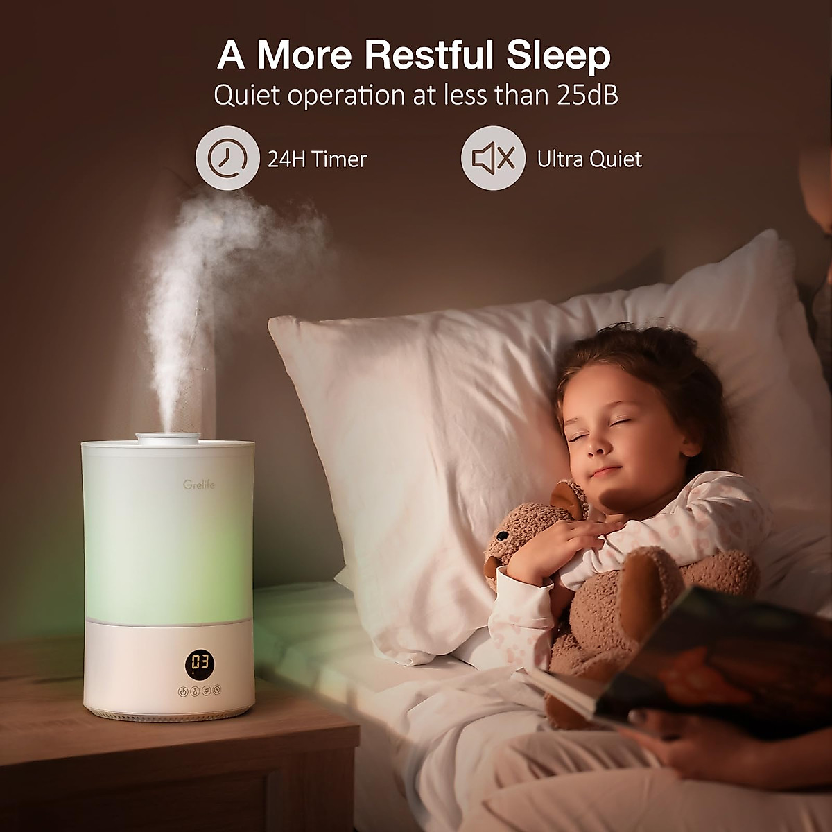 Humidifiers for Bedroom, Grelife 4L Top Fill Cool Mist Humidifier for Home Large Room, Baby Nursery & Plants, Quiet Ultrasonic Air Humidifier with Night Light, Humidistat, Auto Shut-Off, Timer