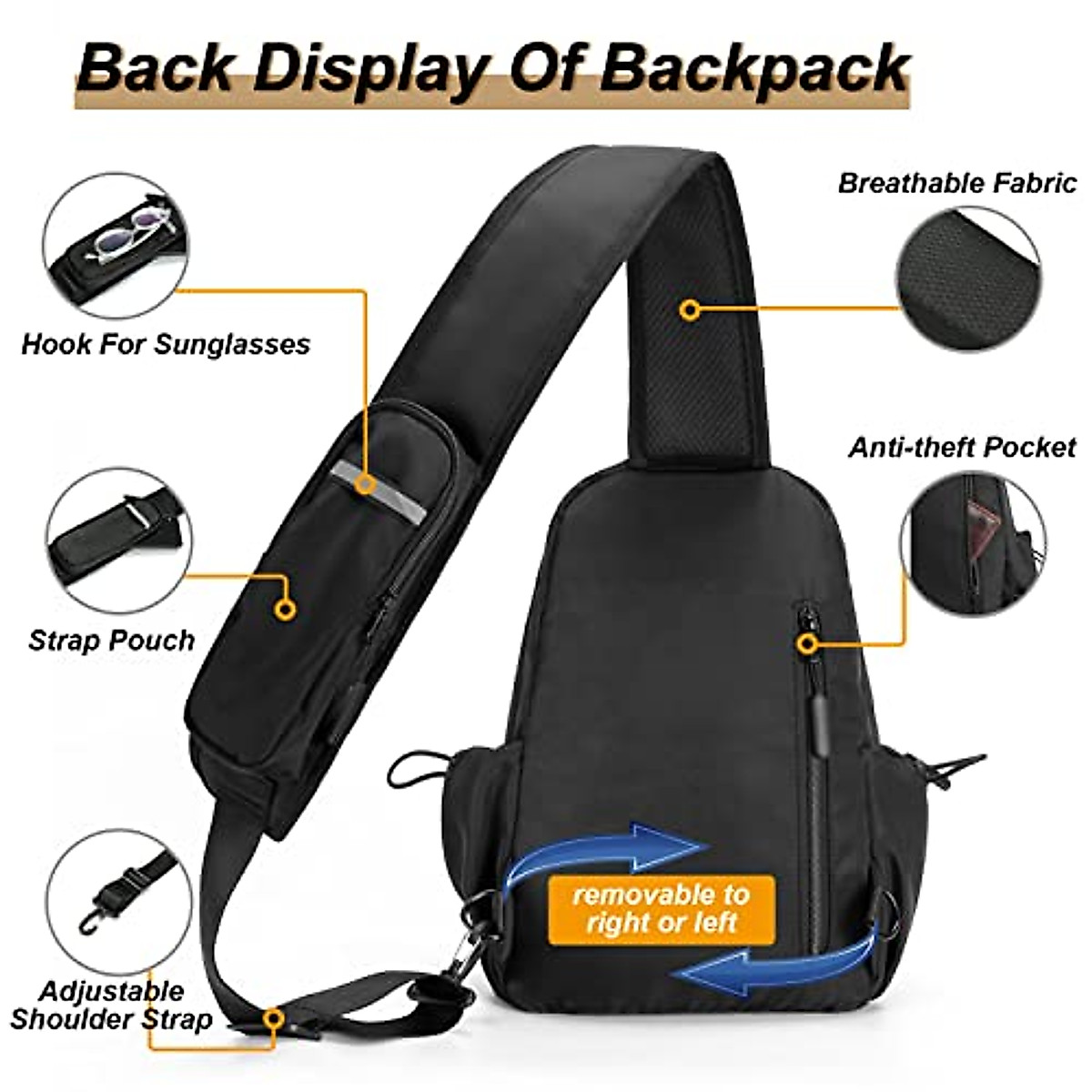 BOXJINCO Crossbody Sling Backpack Sling Bag Shoulder Bag for Men Women, Lightweight One Strap Backpack for Hiking Walking Biking Travel Cycling (Black)