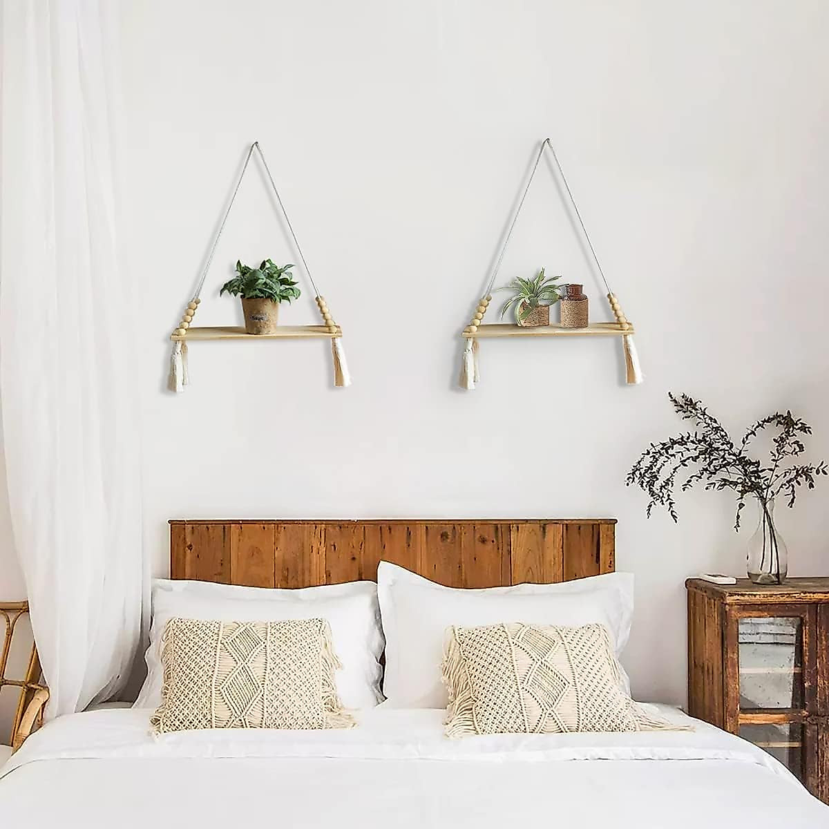 Cotton Macrame Wall Hanging Shelf for Home Decor - Woven Art for Home Decoration in Apartments, Dorms, Bedrooms, Living Rooms, Nurseries, Party Decorations - 14x5x22 Inches,-Set of 2 Pieces (White)