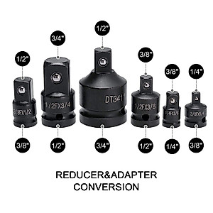 HELAKLS 6-Piece Impact Adapter and Reducer Socket Set, 1/4 3/8 1/2 3/4 Inch Female To Male Air Square Drive and Wrench Conversion Kit, Cr-Mo Steel, Ball Detent, Hand Tools With Case