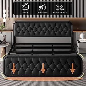 Feonase King Bed Frame with Rhombus Button Tufted, Oval-Shaped Metal Platform Bed with Faux Leather Headboard, Strong Slats Support, 12" Under-Bed Storage, Noise-Free, Easy Assembly, Black