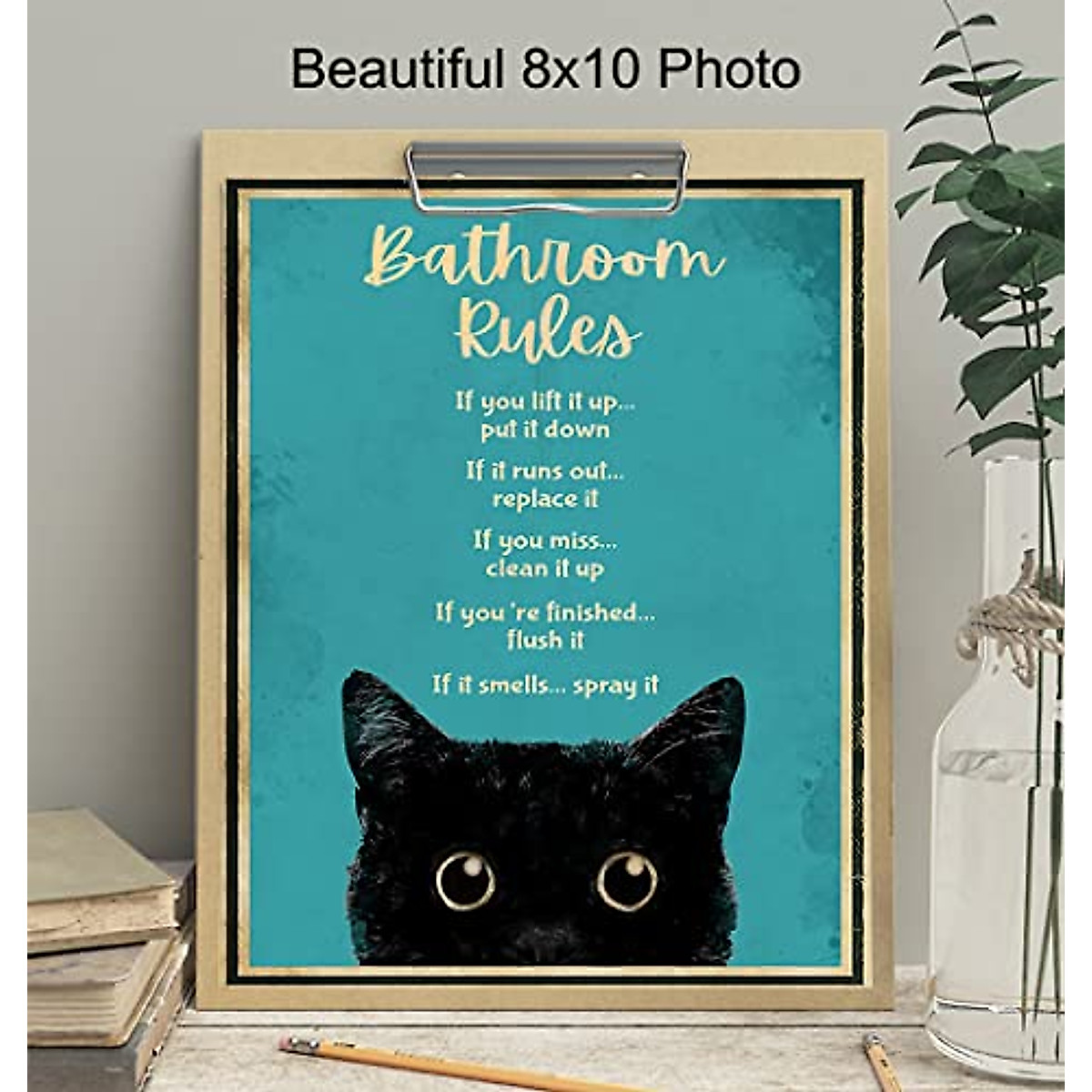 Bathroom Rules Wall Decor - Cat Bathroom Decor - Funny Bathroom Wall Art - Bath Wall Decor - Powder Room - Guest Bathroom - Restroom Sign - Blue Bathroom Decorations for Women, Kitty, Kitten Fan