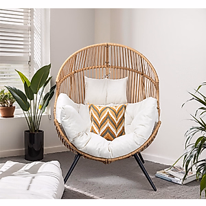 JAMFLY Egg Chair Outdoor Wicker Patio Chair, Oversized Lounger Chair with Cushion Egg Basket Chair for Indoor Living Room Bedroom Outside Patio Backyard Balcony