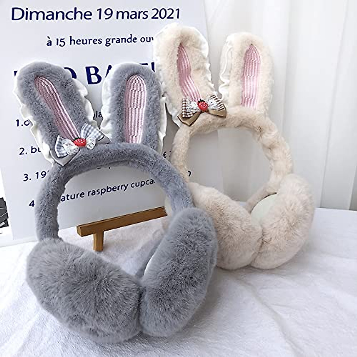 JIAHG Women Girls Plush Rabbit Ear Winter Earmuffs Soft Faux Fur Ear Warmers Adjustable for Adults Kids Thermal Ear Cover Muffs