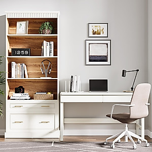 Tribesigns 5-Shelf Bookcase with File Cabinet Drawer, 72" Tall White Bookshelf, Modern Free-Standing Wood Bookcase, Large Open Display Storage Book Shelf for Living Room, Home Office, White & Oak