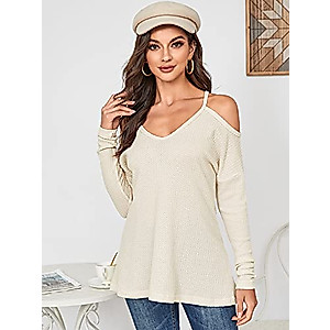 YOINS Pullover Sweaters for Women Jumpers Sexy V Neck Cold Shoulder Long Sleeves Casual Loose Fashion Knitted Tee Tops Blouse NEWVSN001-Beige S