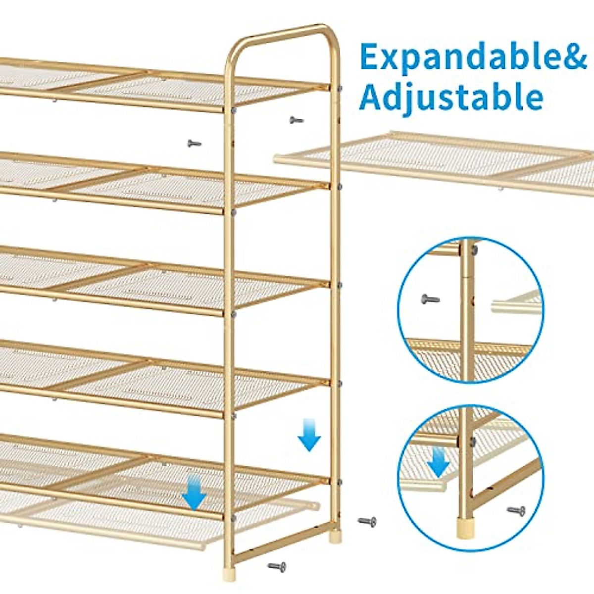 Simple Trending 5-Tier Stackable Shoe Rack, Expandable & Adjustable Shoe Shelf Storage Organizer, Metal Mesh, Gold