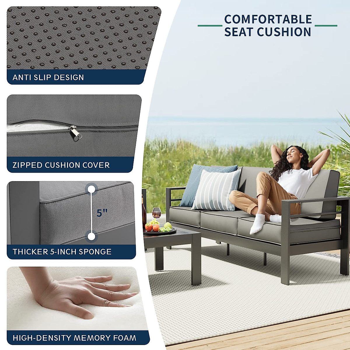 Amopatio Aluminum Patio Furniture Set, 6 Pieces Modern Patio Conversation Sets, Outdoor Sectional Metal Sofa with Coffee Table for Balcony, Garden, Dark Grey (Included Waterproof Covers)