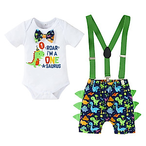 Baby Boys Cake Smash Clothes Dinosaur Romper Diaper Suspenders Pants 3PCS Set First Birthday Outfit for Photo Prop Party Saurus 12-18 Months