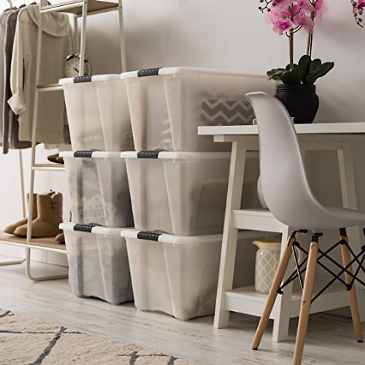 IRIS USA 54 Qt Stackable Plastic Storage Bins with Lids, 6 Pack - BPA-Free, Made in USA - Discreet Organizing Solution, Latches, Durable Nestable Containers, Secure Pull Handle - Pearl