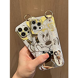 Filaco Cartoon Case for iPhone 12 Pro Max 6.7", Cute Golden Minnie Sparkle Bling Cover with Metal Chain Strap, Wrist Strap Kickstand Soft TPU Shockproof Protective for Women & Girls