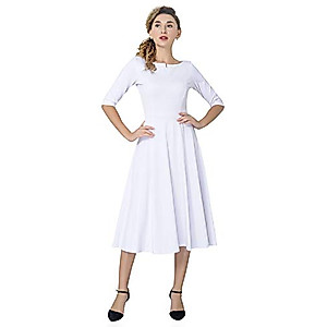 Marycrafts Women's Fit Flare Tea Midi Dress for Office Business Work 12 White