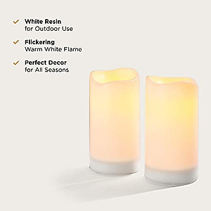 Large Outdoor Solar Candles - 4x8 Flameless Pillar Candle Set, White Resin, Flickering LED Light, Dusk to Dawn Timer, Rechargeable Solar Battery Included, Waterproof for Patio Decor - 2 Pack