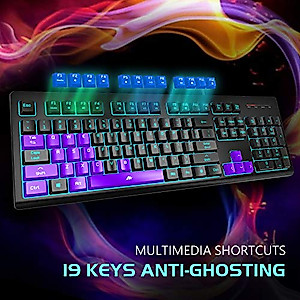 POWZAN Light Up Quiet Gaming Keyboard - Membrane Silent Wired Keyboard with Low Profile Lighted Key for Computer, Windows PC Gamer - Full Size, Black