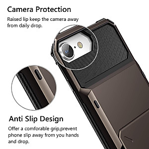 Vofolen for iPhone 6s Case iPhone 8 Wallet iPhone SE 2020 Case Credit Card Holder ID Slot Pocket Dual Layer Protective Bumper Rugged TPU Rubber Armor Hard Shell Cover for iPhone 6 6s 7 8 SE2 Gun Color