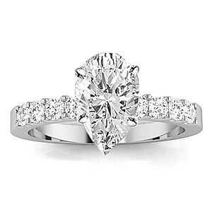 1 Carat 14K White Gold Classic Prong Set Round Pear Cut Diamond Engagement Ring (0.5 Ct E Color SI1 Clarity Center Stone)
