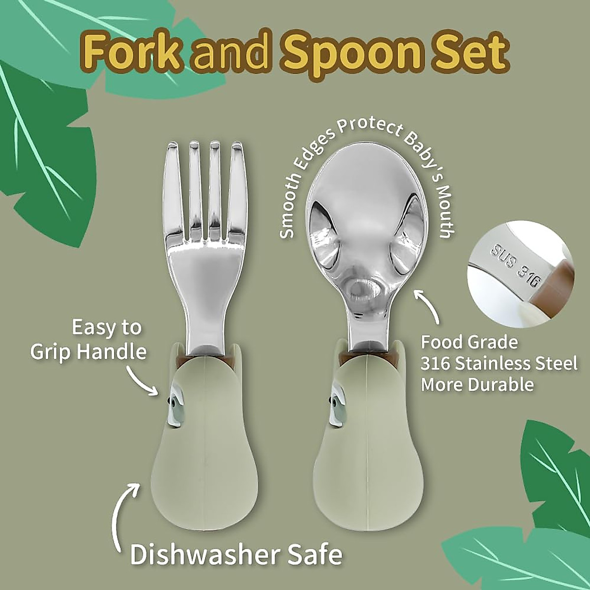 YBW Toddler Spoon and Fork Utensil Set with Case, Easy Grip Cute Sloth Animal Handle, On-The-Go Pack for Baby Toddler Self-Feeding for Home Travel Use, Sloth