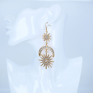 Exaggerated Luxury Sun Moon Stars Drop Earrings Rhinestone Punk Earrings for Women Jewelry Golden Boho Vintage Statement Earrings