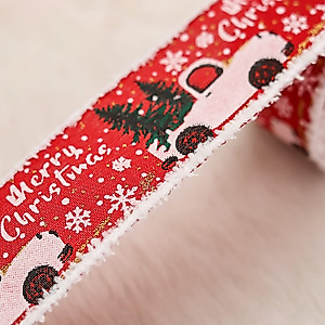 Christmas Ribbon Velvet Wired Edge, 2.5 Inches x 6.5 Yards Merry Christmas Car Snowflake Trees Burlap Ribbon for DIY Wreaths Floral Bow Gift Wrapping Xmas Party Decoration