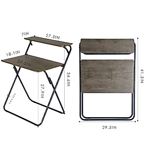 Folding Home Office Desk & Chair & Storage Shelf Sets, No Assembly Required - 29.5-Inch Study Workstation Writing Desk, 2-Tier Storage Rack Organizer Corner Shelf Bookcase, Small Stool Chair, Brown