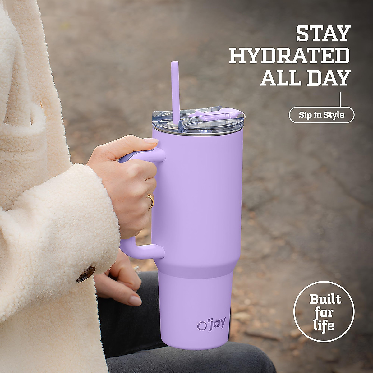 O'JAY Insulated 40oz Tumbler with Handle and Straw Lid - 100% Leak-Proof - Cupholder Friendly Travel Mug - Stainless Steel Insulated Tumbler with Lid and Straw - (Pure Lavender)