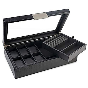 Glenor Co Valet Jewelry Box for Men - Holds 6 Watches, 12 cufflinks, 2 Sunglasses & Tray Storage - Mens Watch Case - CarbonFiber Organizer w Metal Accents, PU Leather & Large Glass Lid - Black