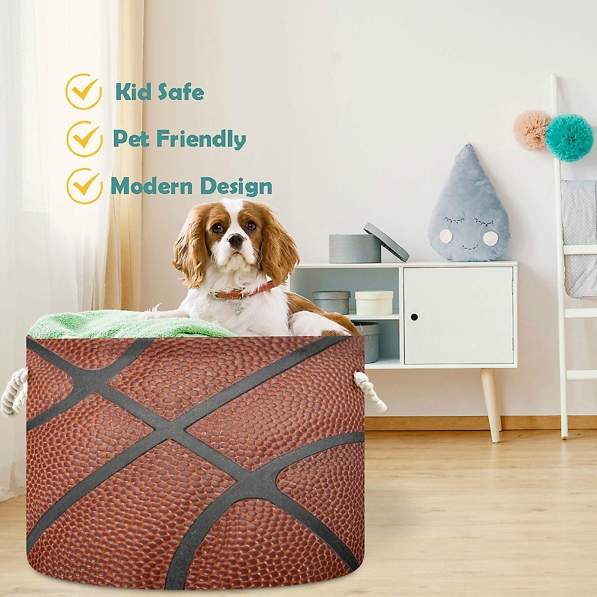 visesunny Storage Basket Basketball Nursery Hamper Canvas Fabric Toy Storage Organizer Bin Storage Box Laundry Basket for Kid Rooms,Playroom,Shelves,Toy Basket
