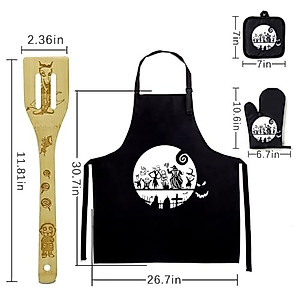 Christmas Gift for Mom Women Nightmare Halloween Kitchen Decorations Cooking Utensils Set - Wooden Cooking Spoons with Apron Oven Mitt Potholder - Mother's Day Gift Women Birthday Gift
