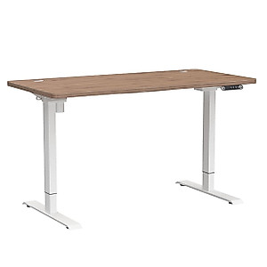 KKL 55-inch Height Adjustable Electric Standing Desk, 55 x 28 Inches Stand Up Desk with Splice Board and Hook, Sit Stand Desk with Greige Top and White Frame