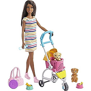Barbie Dogwalking Doll & Accessories, Stroll & Play Pups Playset with Transforming Stroller, 2 Pets & Handbag, Brunette Doll,Pink
