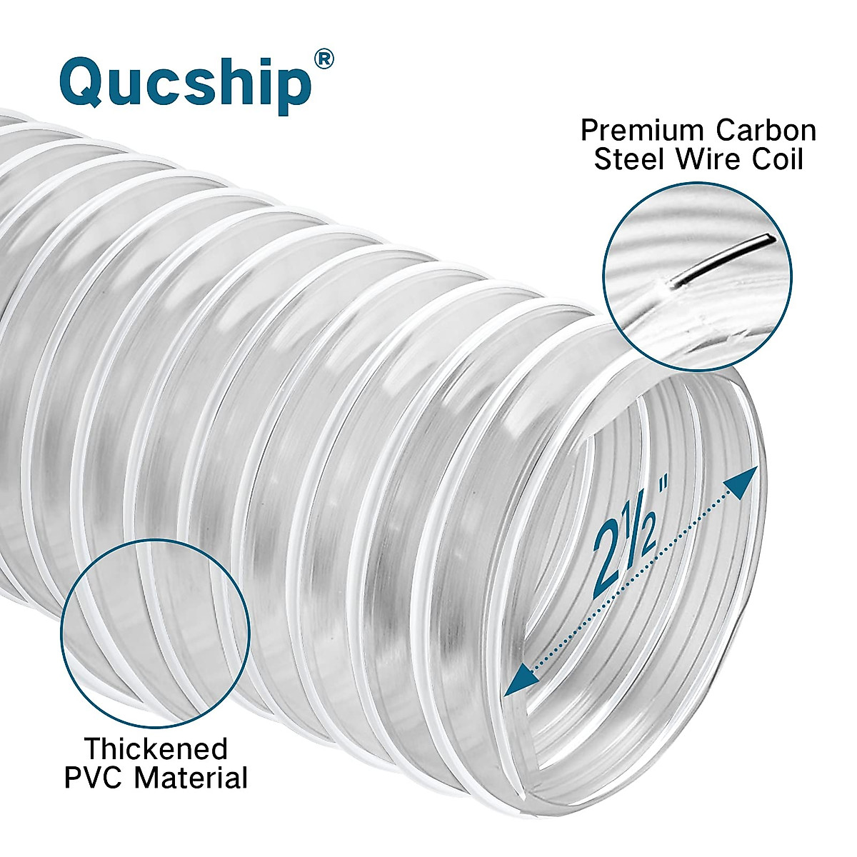 2 1/2" PVC Dust Collection Hose 20', Puncture Resistant PVC Dust Collection Hose with Carbon Steel Wire Coil, Flexible Clear Heavy PVC Fume Collection Hose for dust collection systems & 2 1/2" Ports